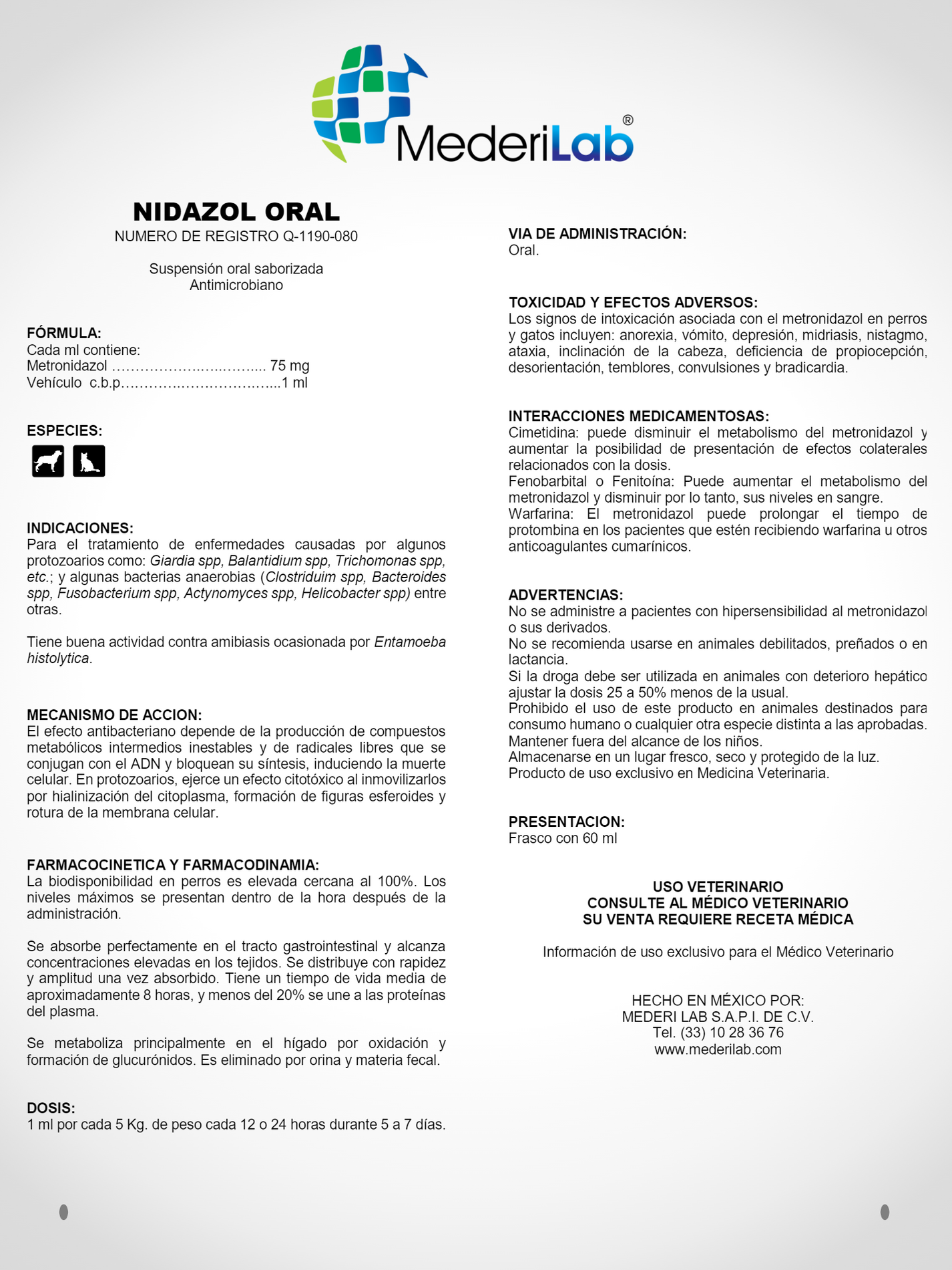 NIDAZOL SOLUCIÓN ORAL - MEDERILAB – Franz Haus