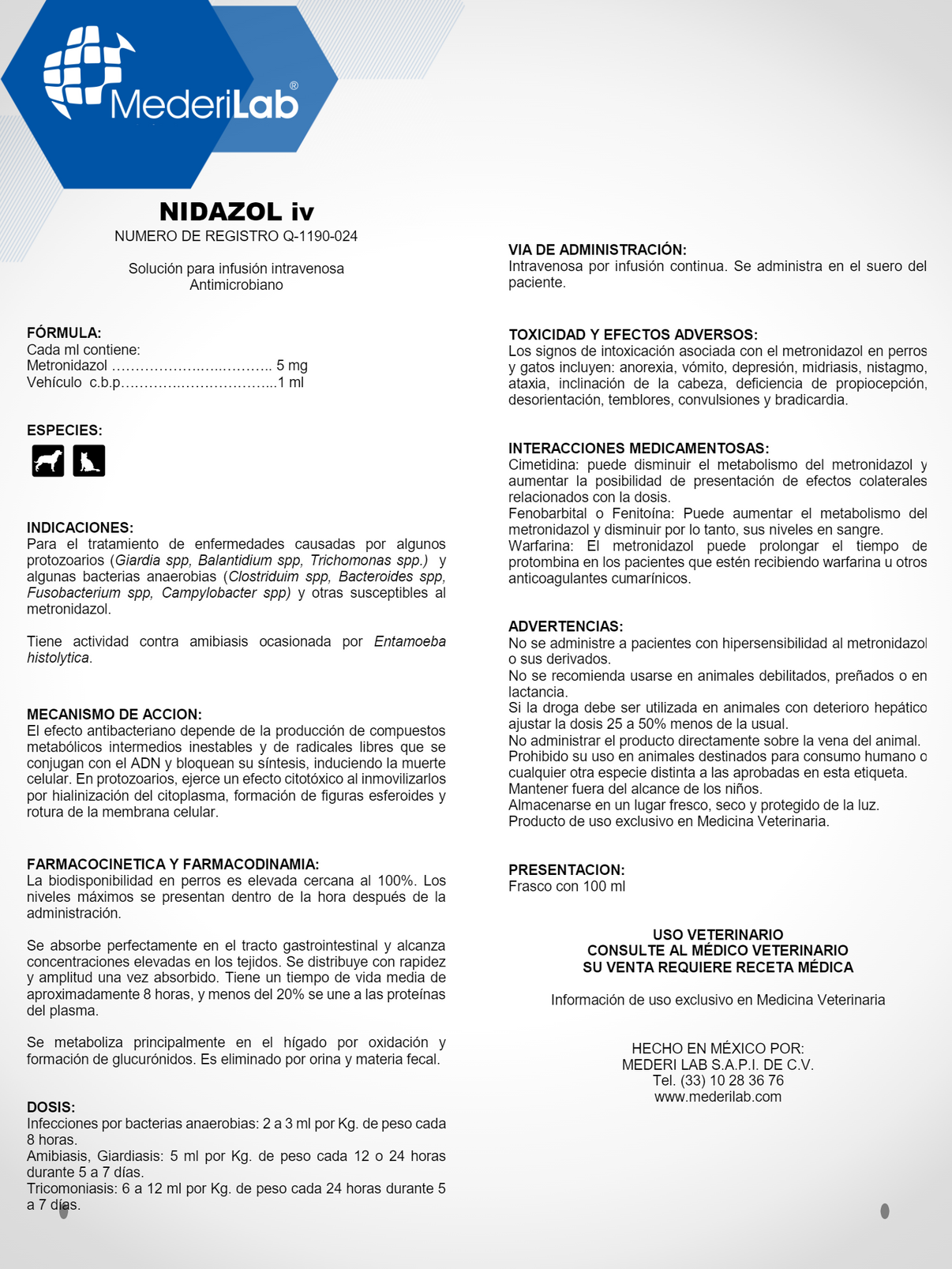 NIDAZOL IV INYECTABLE - MEDERILAB – Franz Haus